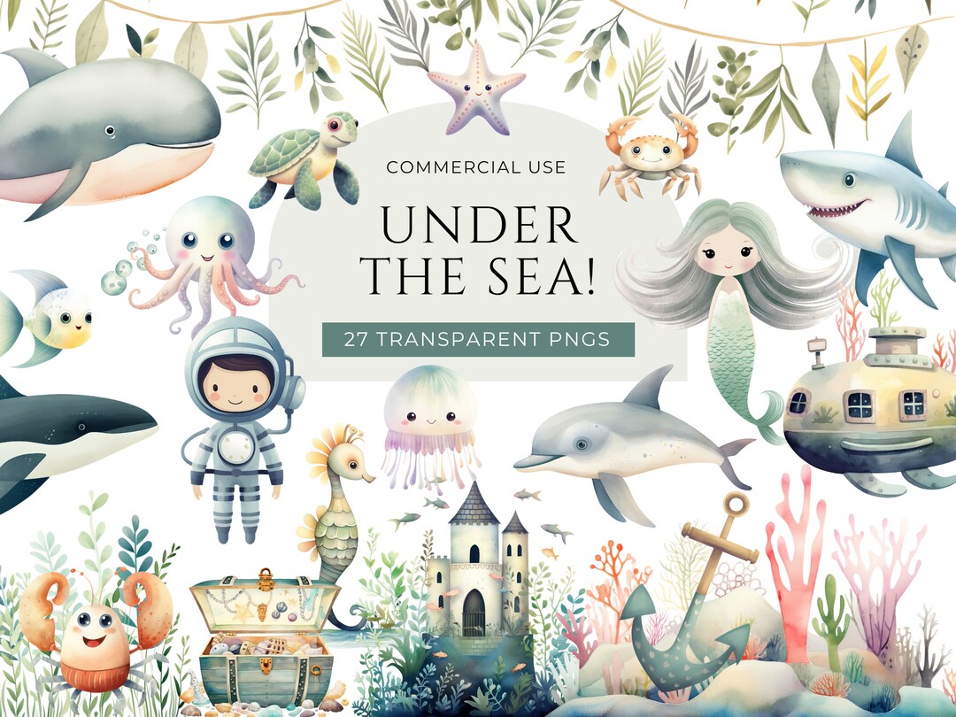 Under the Sea Watercolor Clipart DIGITAL DOWNLOAD, Cute Ocean Animal ...