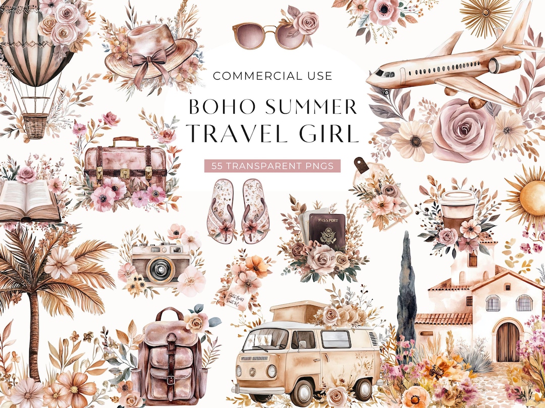 Boho Travel Clipart, Watercolor Summer Vacation Clip Art, Digital ...