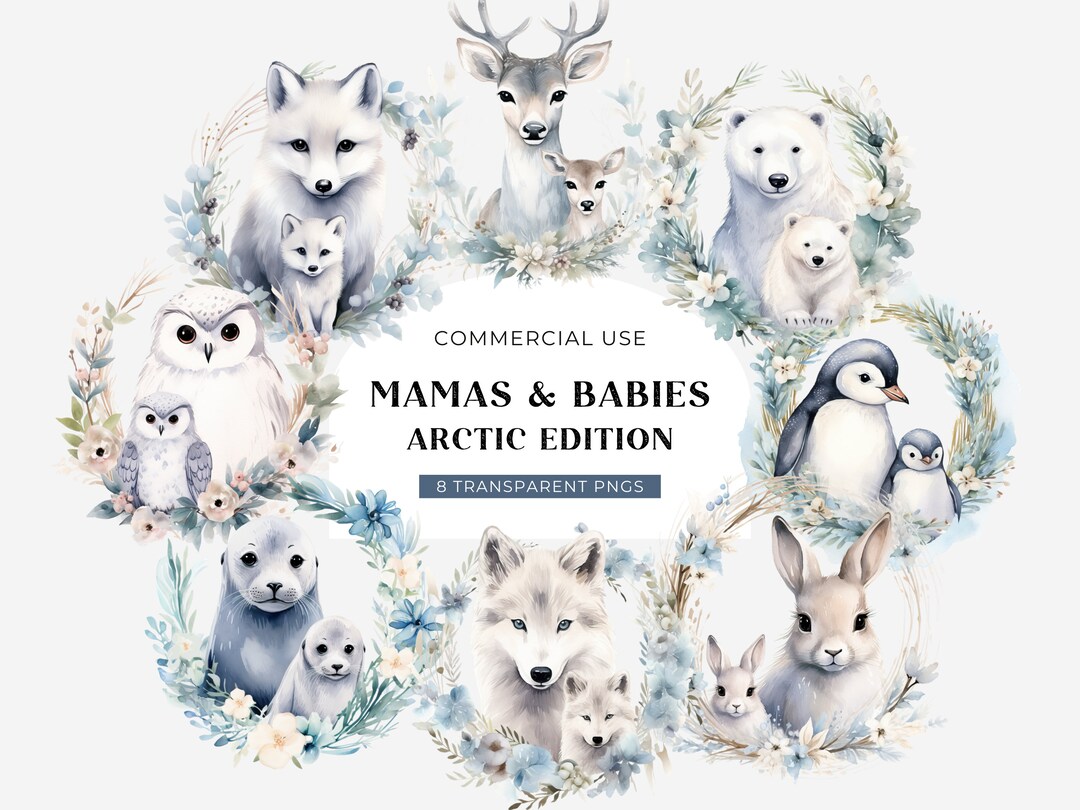 Baby Animal and Mom Clipart, DIGITAL DOWNLOAD, Arctic Mama Clip Art ...