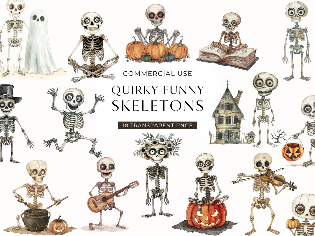 Funny Skeleton Clipart, DIGITAL DOWNLOAD, Quirky Cute Halloween Clip ...