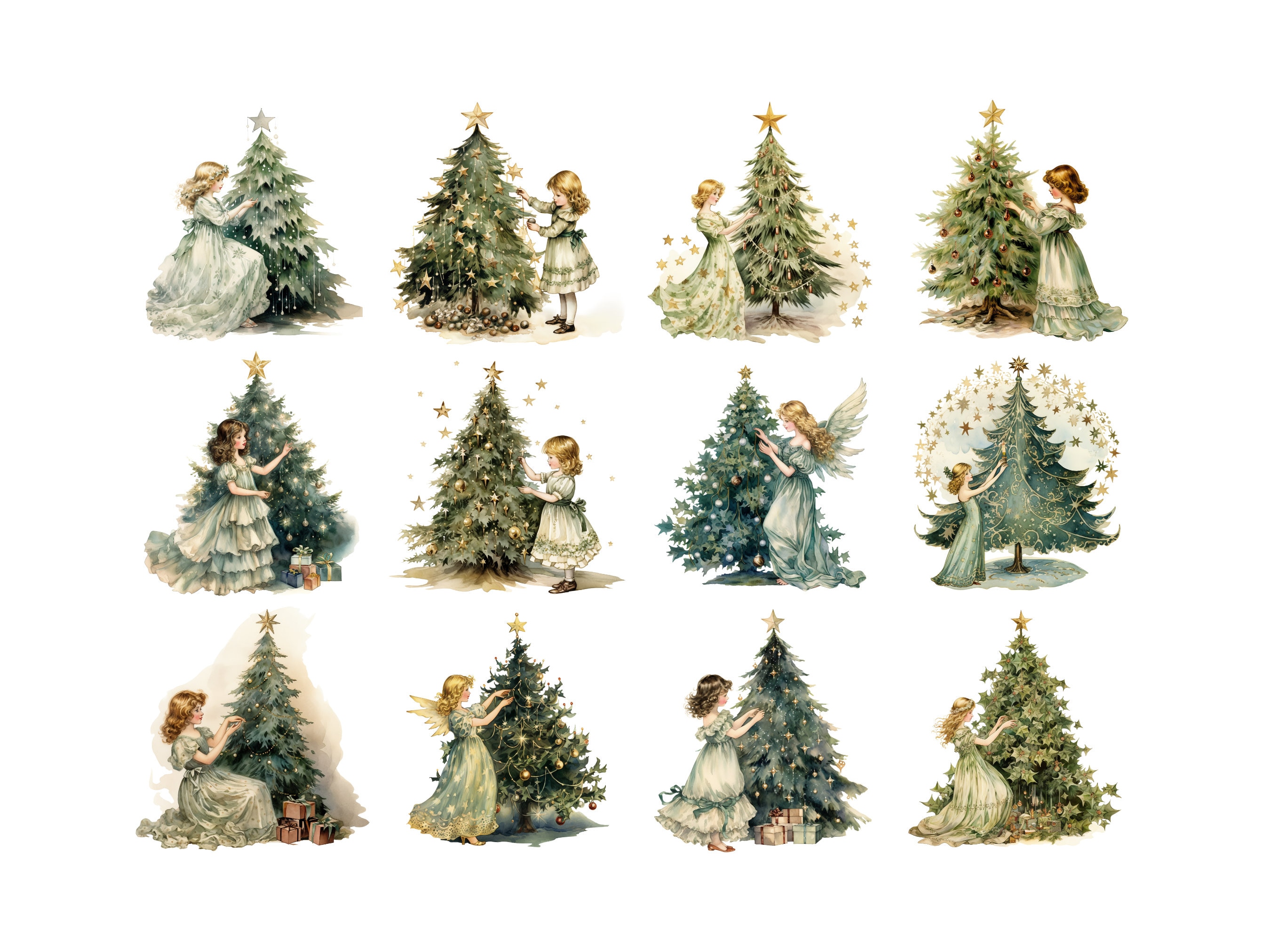 Victorian Christmas Trees Clipart, DIGITAL DOWNLOAD, Decorated ...