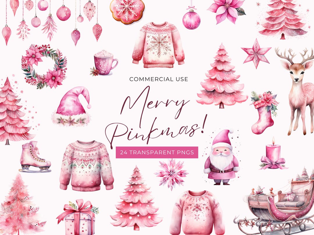 Pink Christmas Clipart, DIGITAL DOWNLOAD, Pink Winter Illustrations ...