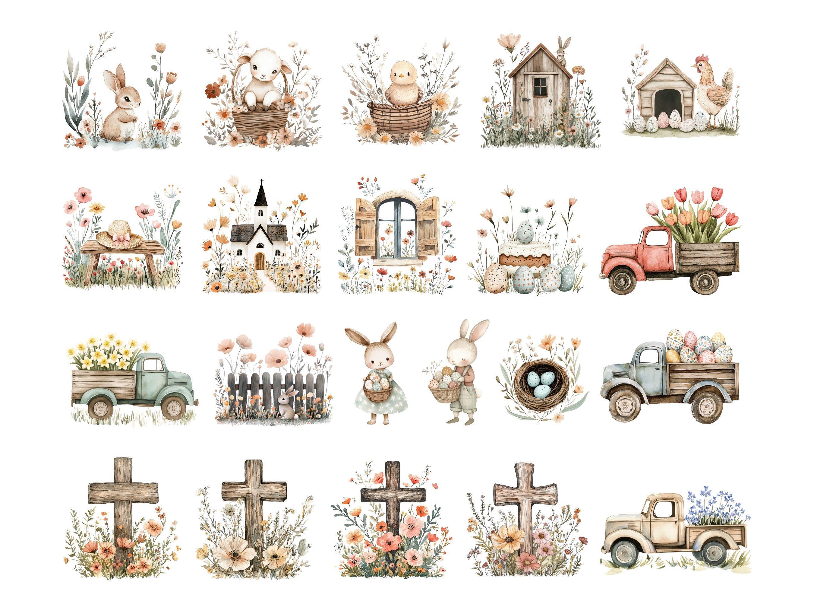 Rustic Easter Clipart, Watercolor Neutral Floral Spring Clip Art, Cute ...
