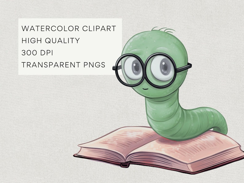 Book Worm Clipart, DIGITAL DOWNLOAD, Cute Bookworm Reading Watercolor ...