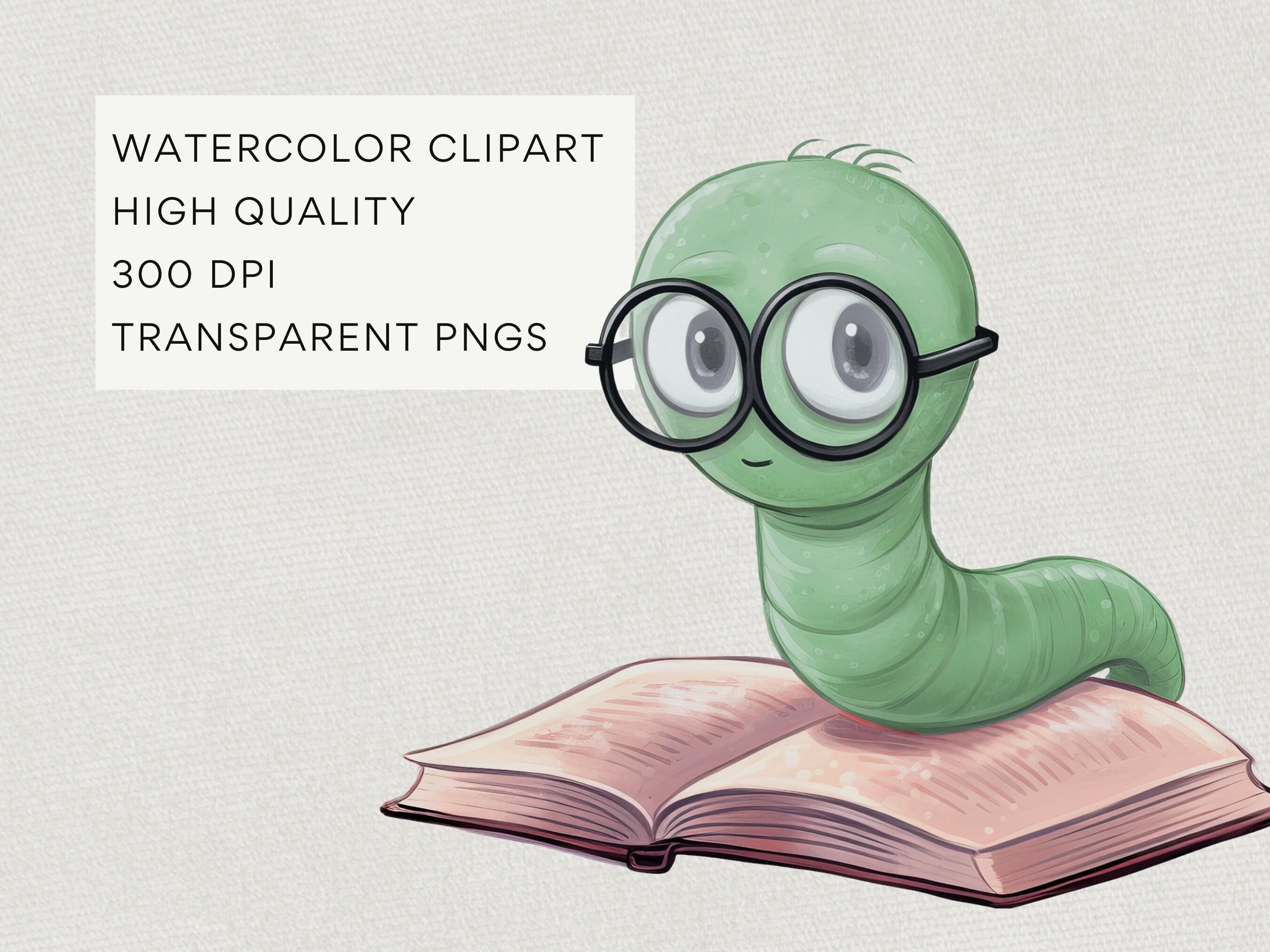 Book Worm Clipart, DIGITAL DOWNLOAD, Cute Bookworm Reading Watercolor ...