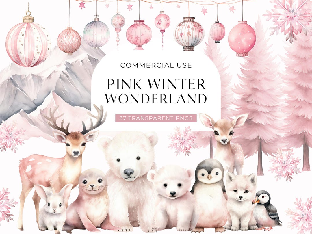 Pink Winter Wonderland Clipart, DIGITAL DOWNLOAD, Cute Arctic Animals ...