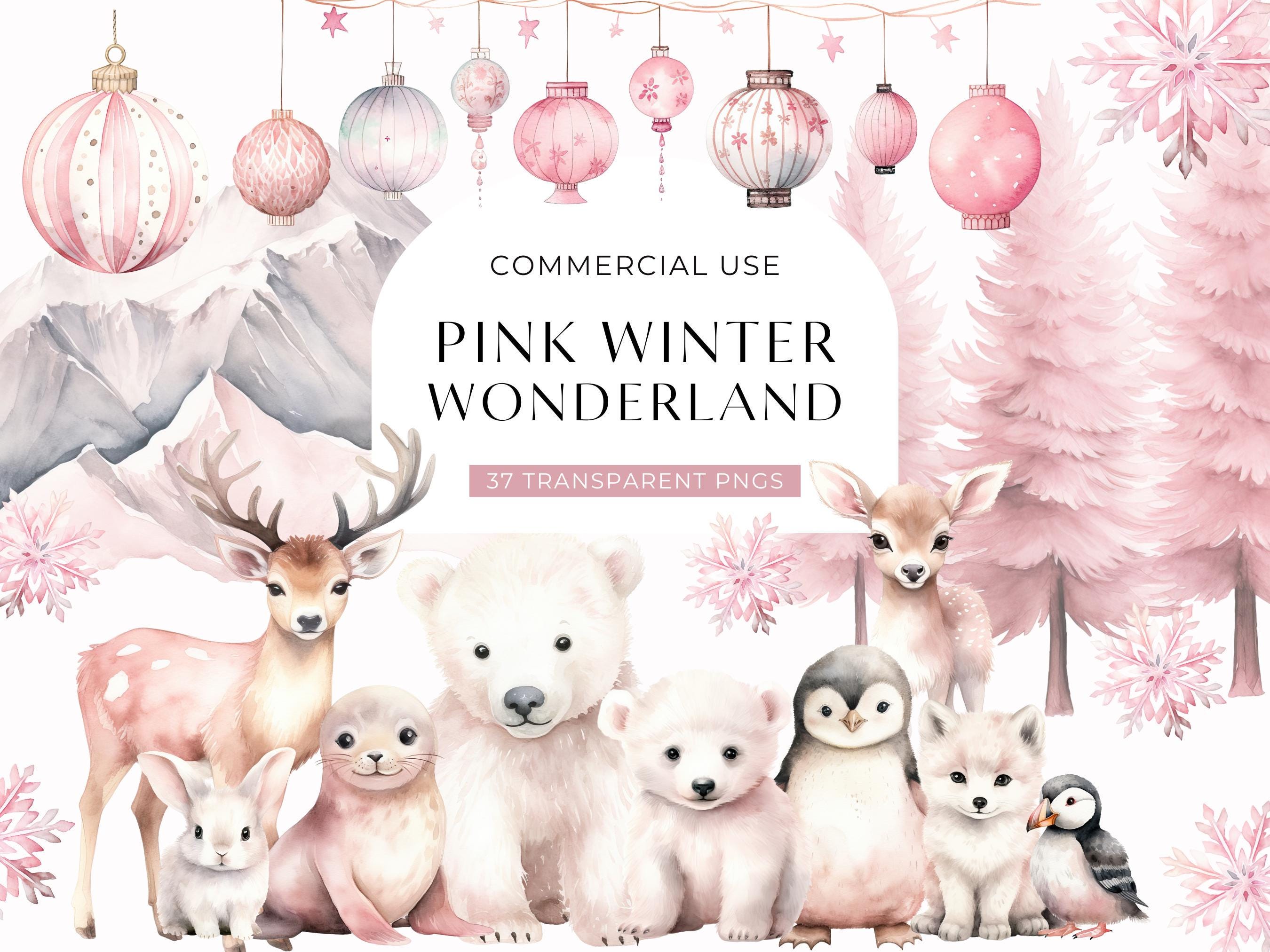 Pink Winter Wonderland Clipart, DIGITAL DOWNLOAD, Cute Arctic Animals ...
