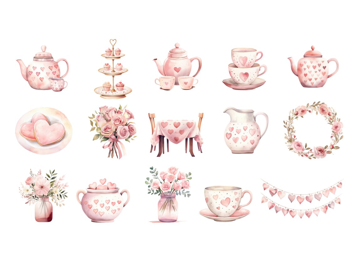 Valentines Day Tea Clipart, DIGITAL DOWNLOAD, Pink Watercolor Afternoon ...