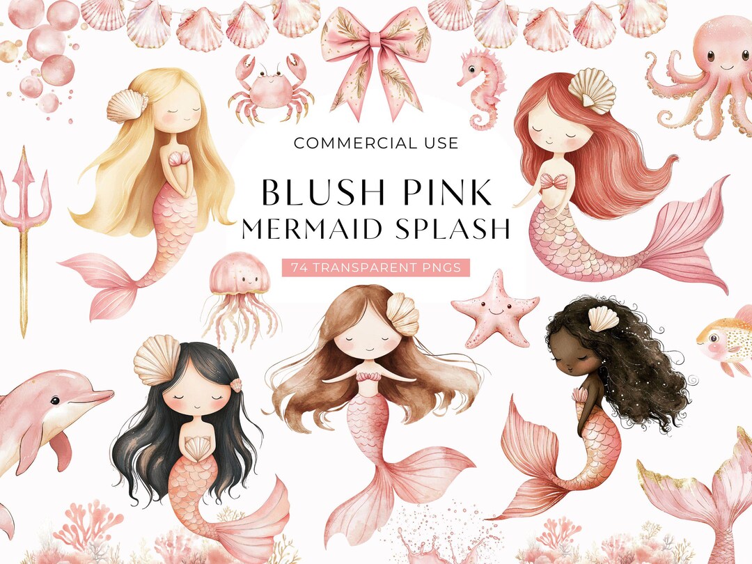 Watercolor Mermaid Clipart, Cute Pastel Pink Under the Sea Clip Art ...