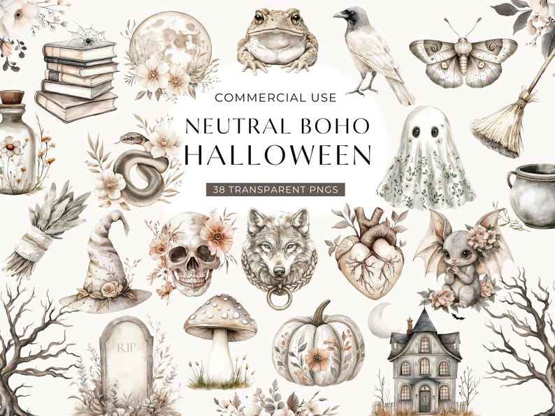 Boho Halloween Clipart, DIGITAL DOWNLOAD, Neutral Pumpkin Watercolor ...