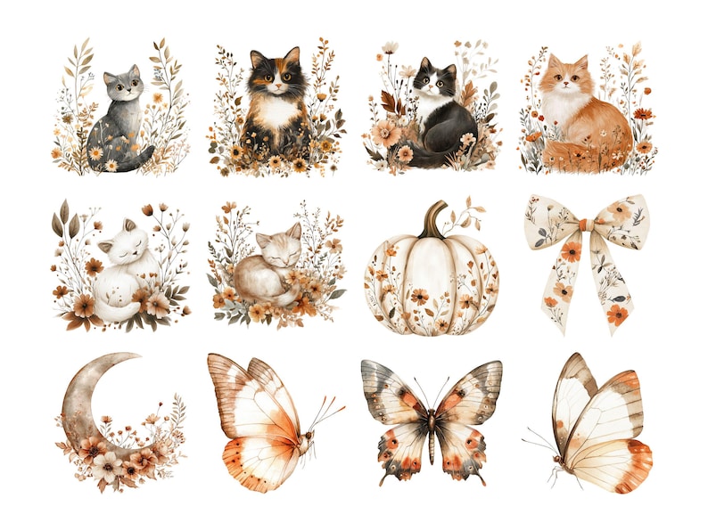 Fall Cat Clipart, Autumn Kitten Wildflower Clip Art, Boho Floral ...