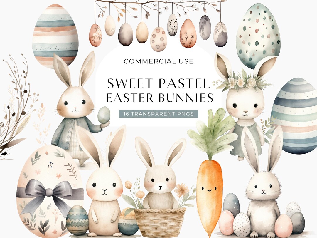 Cute Easter Bunny Clipart, DIGITAL DOWNLOAD, Pastel Watercolor Spring ...