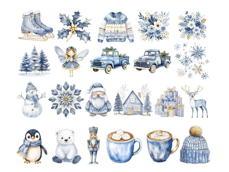 Blue Christmas Clipart Bundle, DIGITAL DOWNLOAD, Watercolor Xmas Clip ...