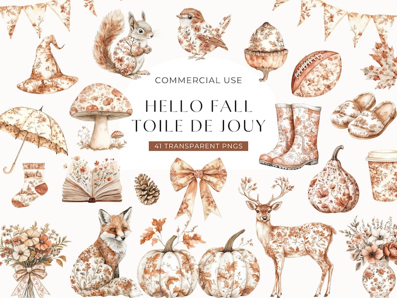 Fall Toile Clipart, Autumn Chinoiserie Clip Art, Floral Watercolor ...