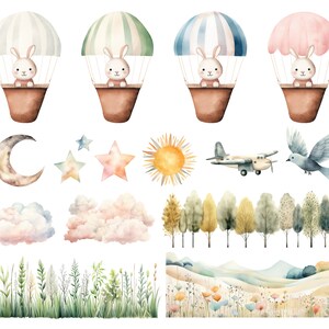 Bunny Hot Air Balloon Clipart, DIGITAL DOWNLOAD, Watercolor Spring Baby ...