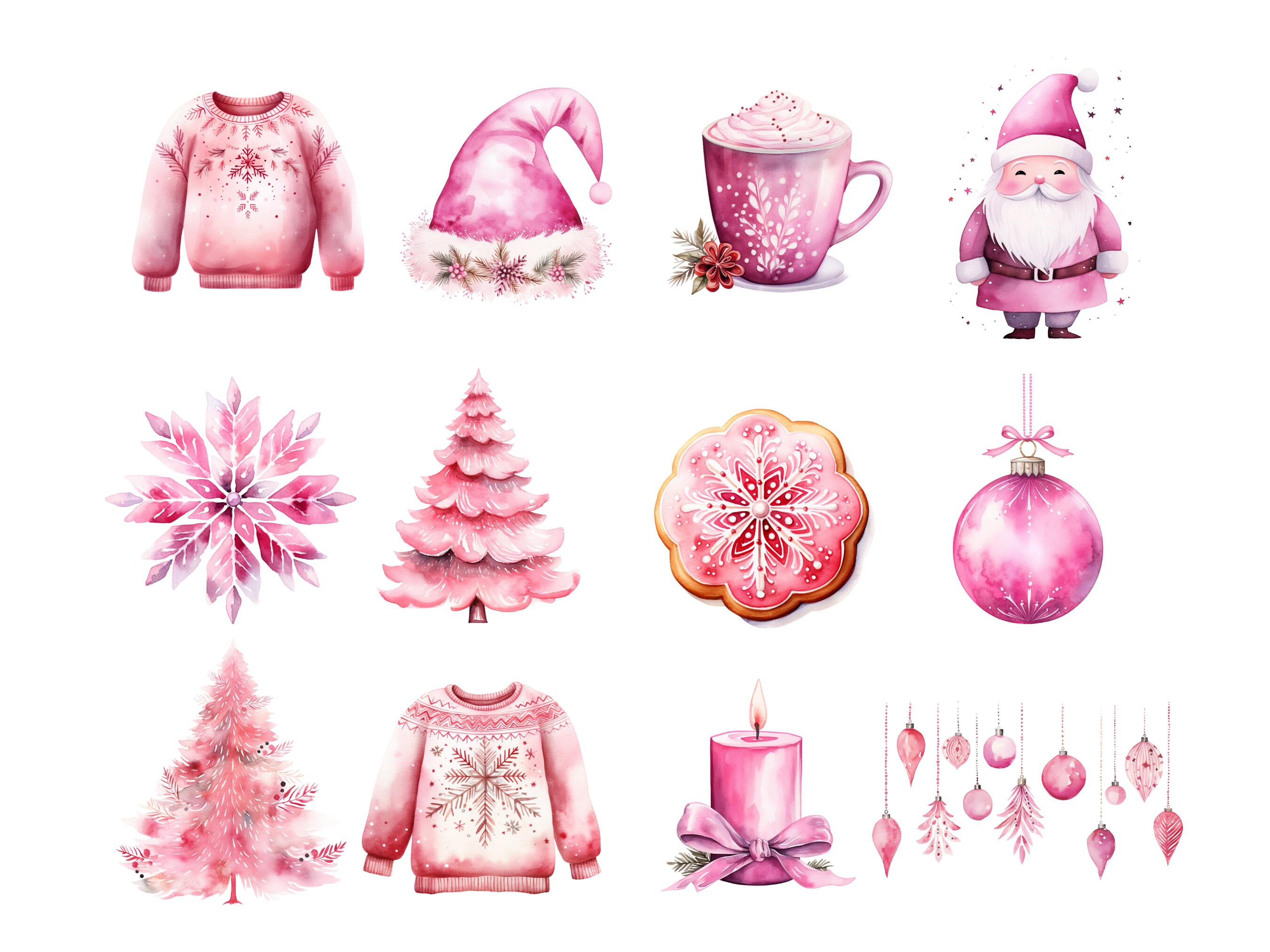 Pink Christmas Clipart, DIGITAL DOWNLOAD, Pink Winter Illustrations ...