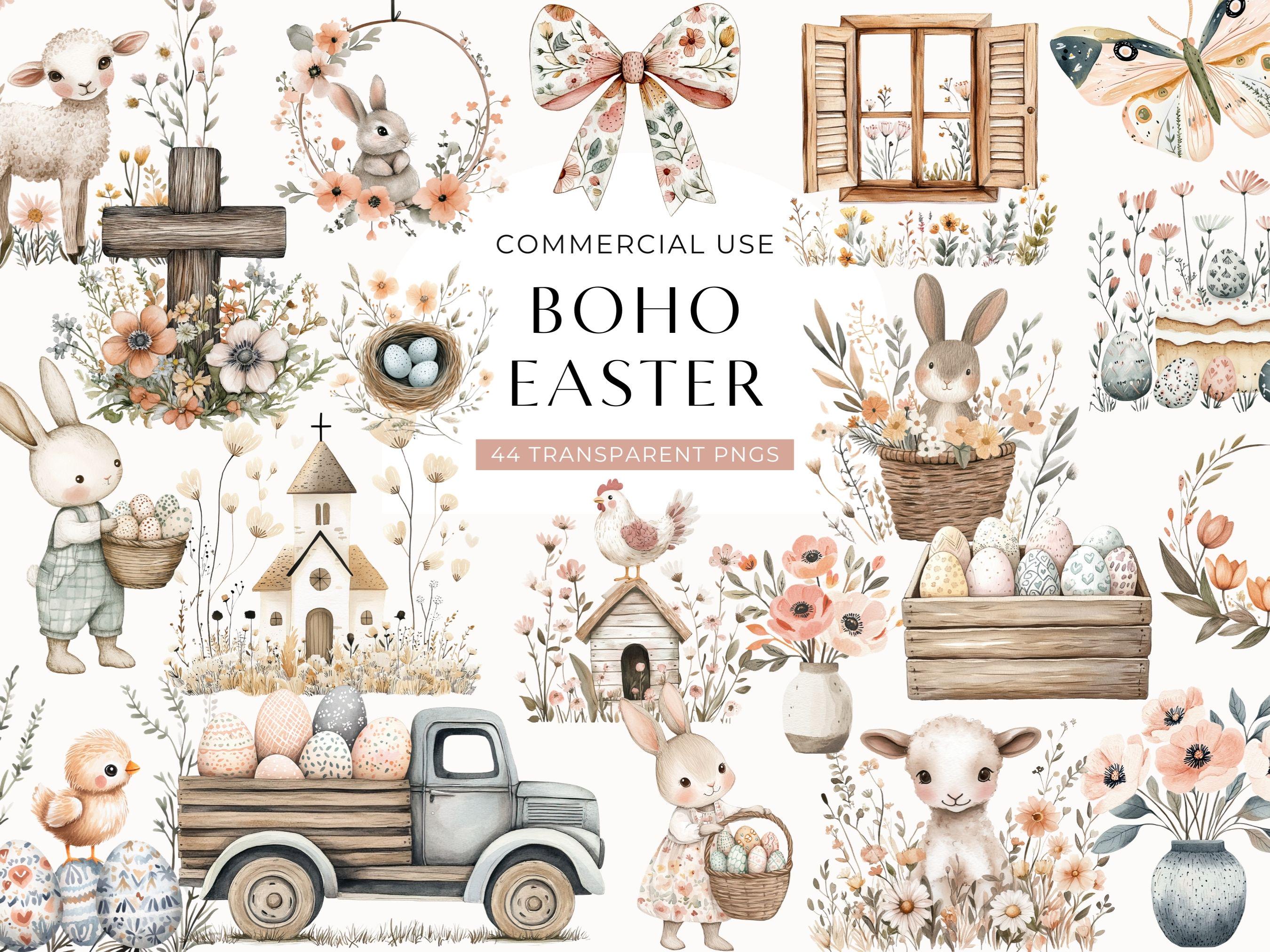 Boho Easter Clipart, Vintage Bunny Clip Art, Watercolor Spring Rabbits ...