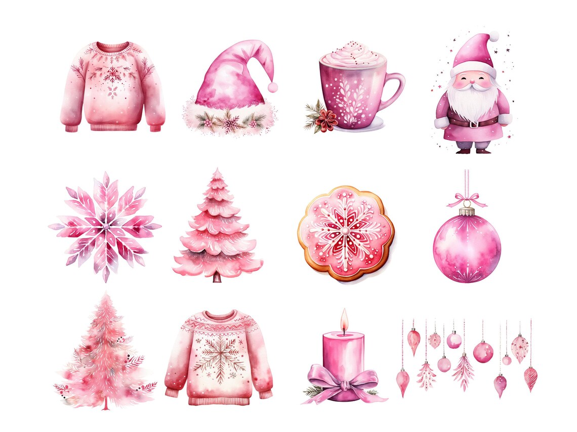 Pink Christmas Clipart, DIGITAL DOWNLOAD, Pink Winter Illustrations ...
