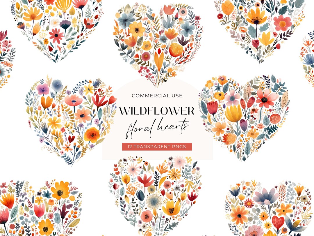 Wildflower Heart Clipart, DIGITAL DOWNLOAD, Floral Heart With Flowers ...