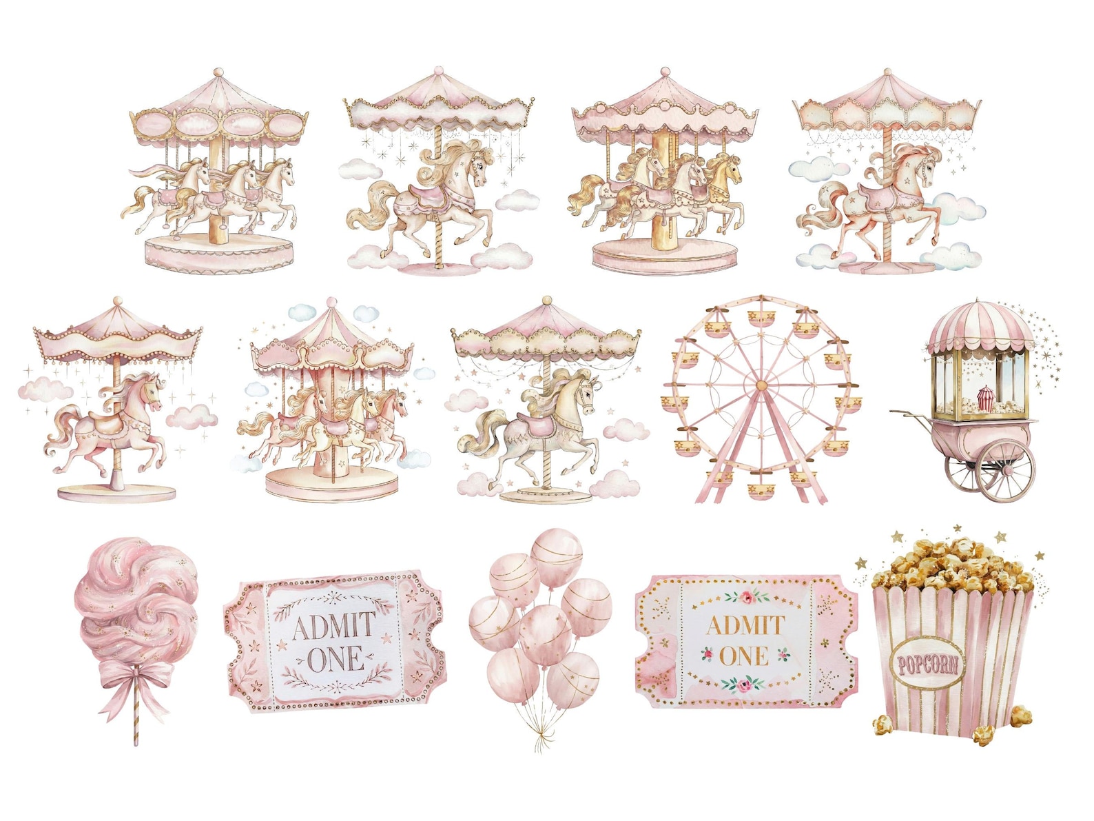 Pink Carousel Clipart, Watercolor Carnival Clip Art, Pony Baby Shower ...