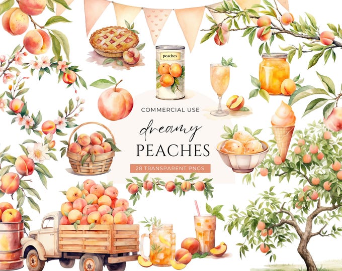 Watercolor Peach Clipart Bundle, Fruits Clip Art Set, Peach Cheese Cake ...