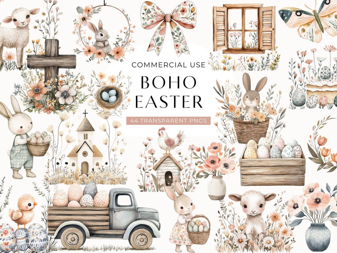 Boho Easter Clipart, Watercolor Neutral Spring Clip Art, Rustic Wreath ...