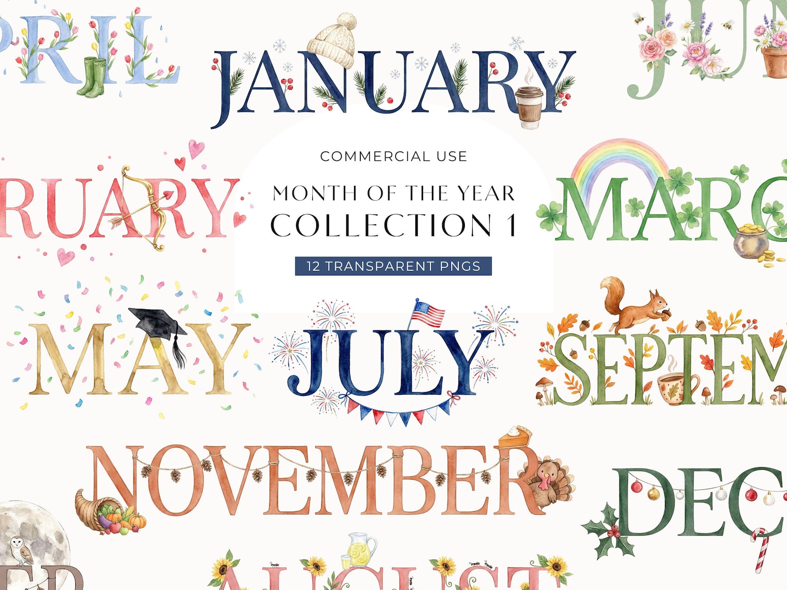 Months of the Year Clipart, Watercolor Planner Clip Art Graphics ...