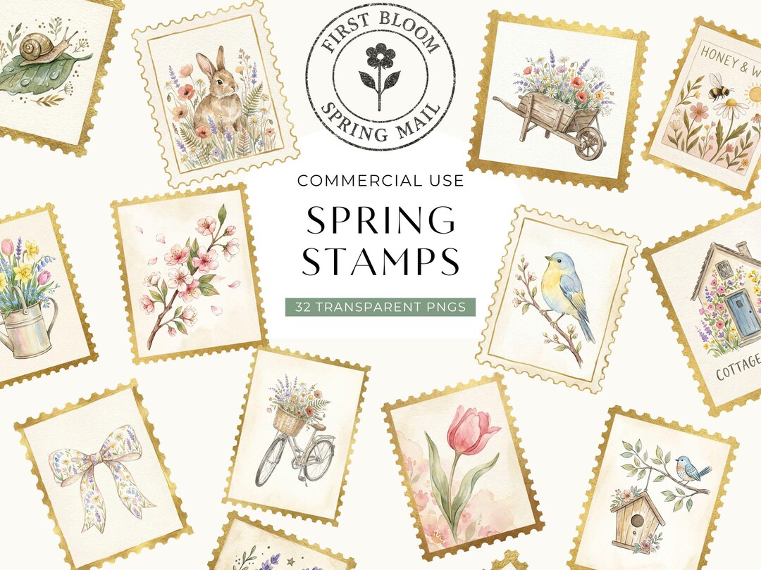 Spring Postage Stamps Clipart, Scrapbooking Clip Art, DIGITAL DOWNLOAD ...
