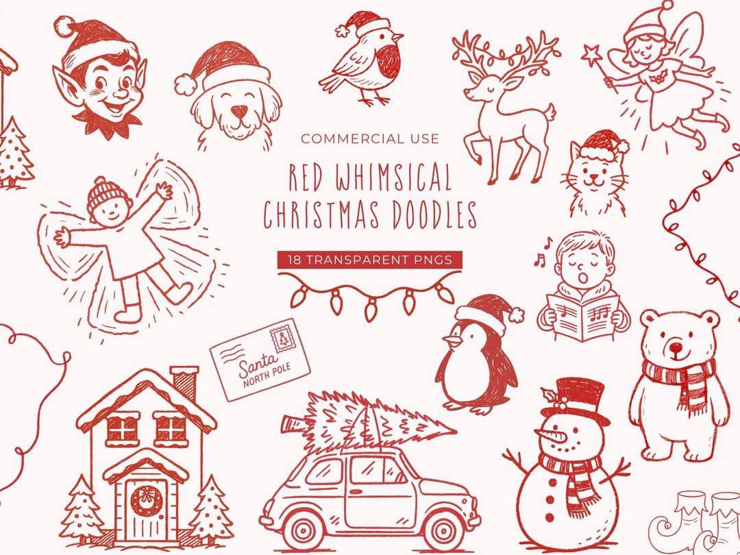 Whimsical Christmas Doodle Clipart, Xmas Hand Drawn Sketch Style Clip ...