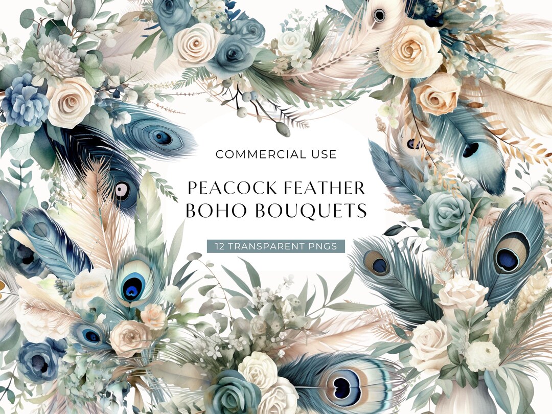 Peacock Feather Floral Clipart, DIGITAL DOWNLOAD, Boho Wedding Bouquet ...