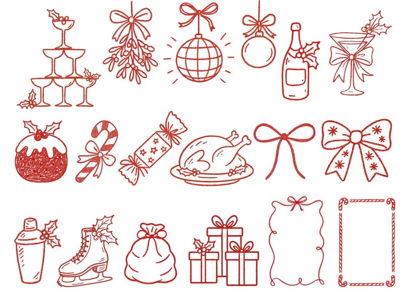 Christmas Party Doodle Clipart, Hand Drawn Style Xmas Clip Art, Red ...