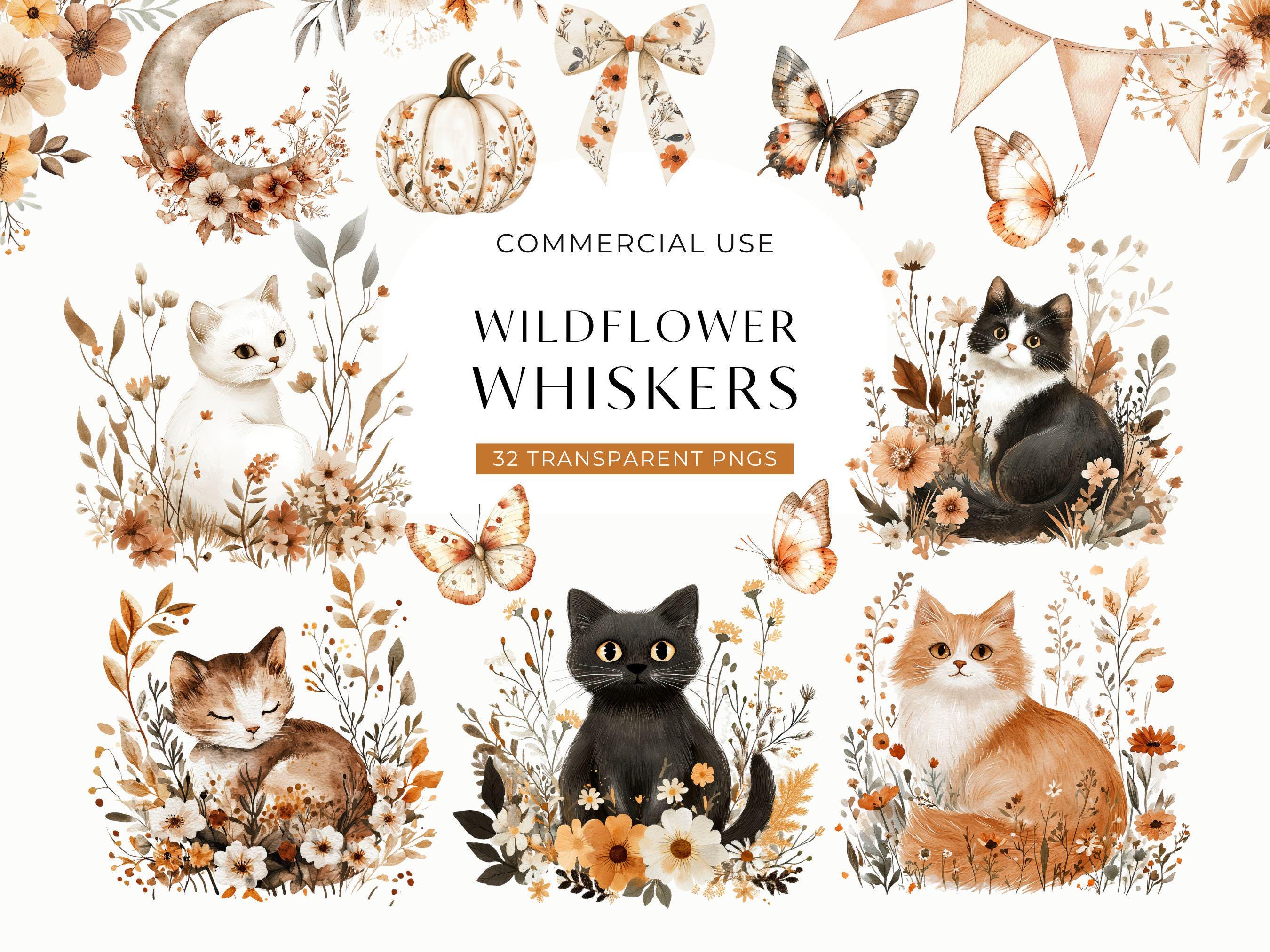Fall Cat Clipart, Autumn Kitten Wildflower Clip Art, Boho Floral ...
