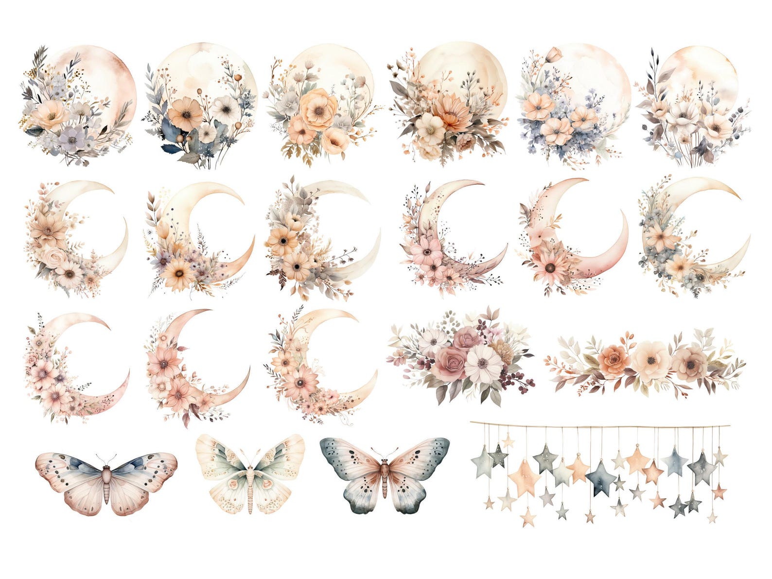 Watercolor Floral Moons Clipart, DIGITAL DOWNLOAD, Celestial Boho ...