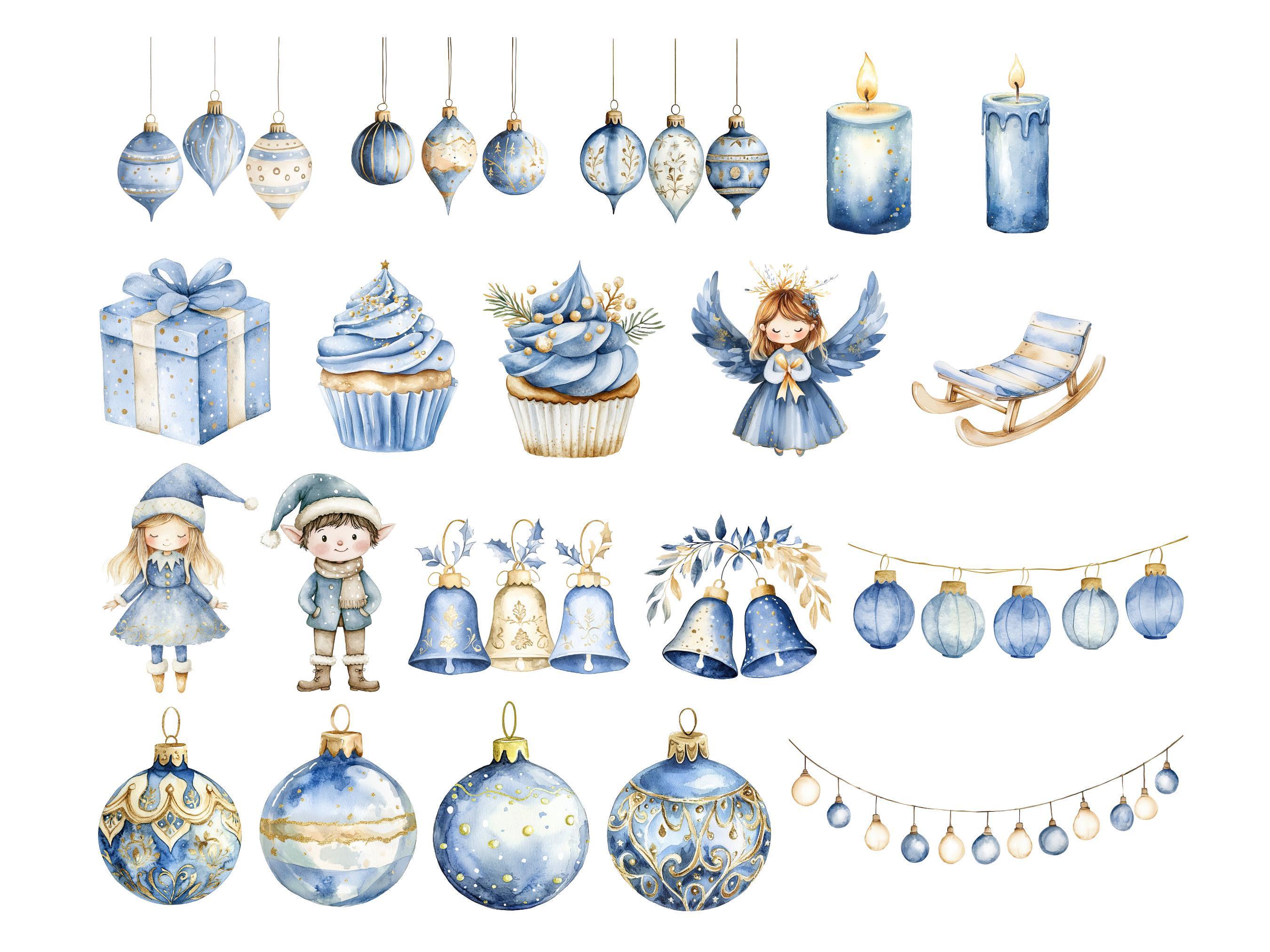 Blue Christmas Clipart Bundle, DIGITAL DOWNLOAD, Watercolor Xmas Clip ...