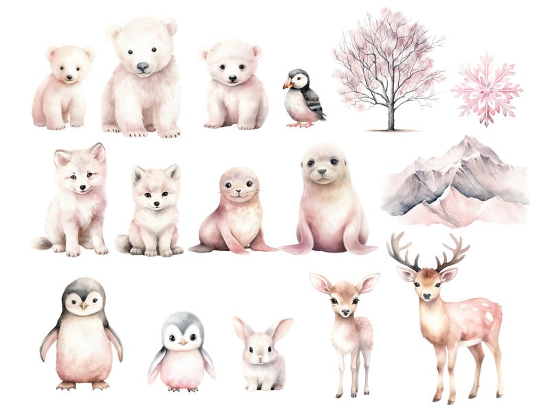 Pink Winter Wonderland Clipart, DIGITAL DOWNLOAD, Cute Arctic Animals ...