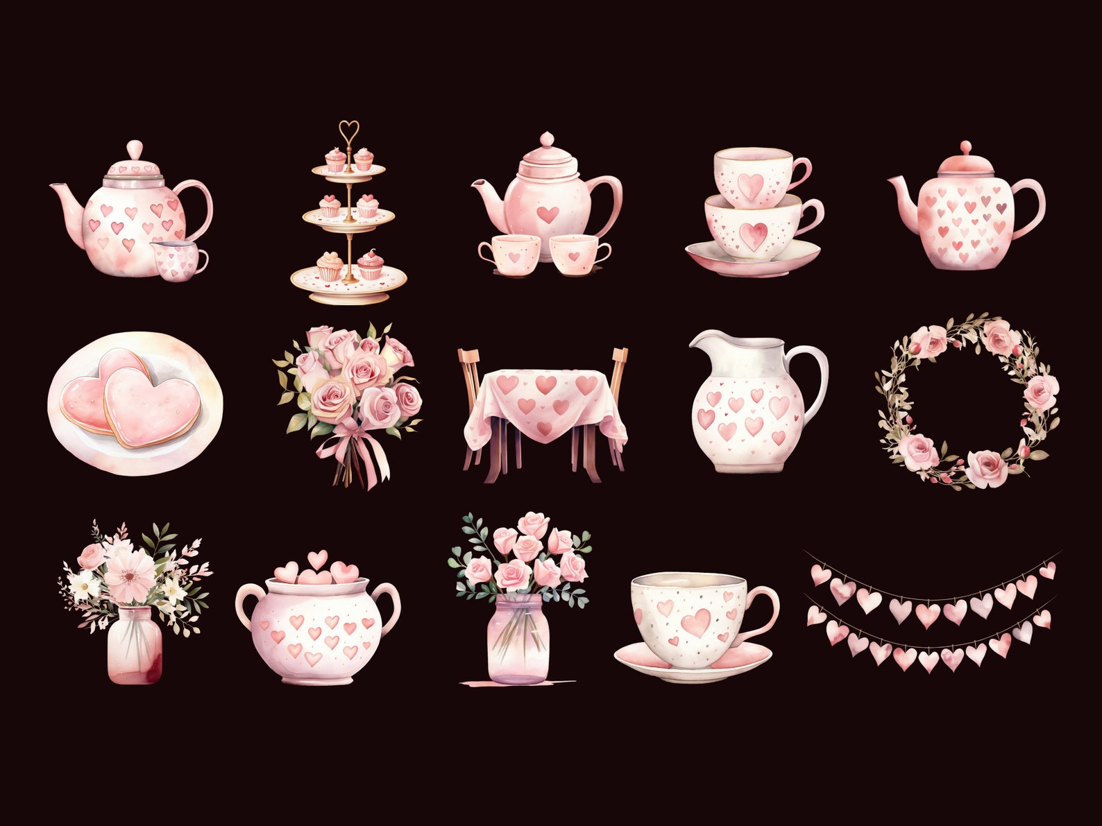 Valentines Day Tea Clipart, DIGITAL DOWNLOAD, Pink Watercolor Afternoon ...