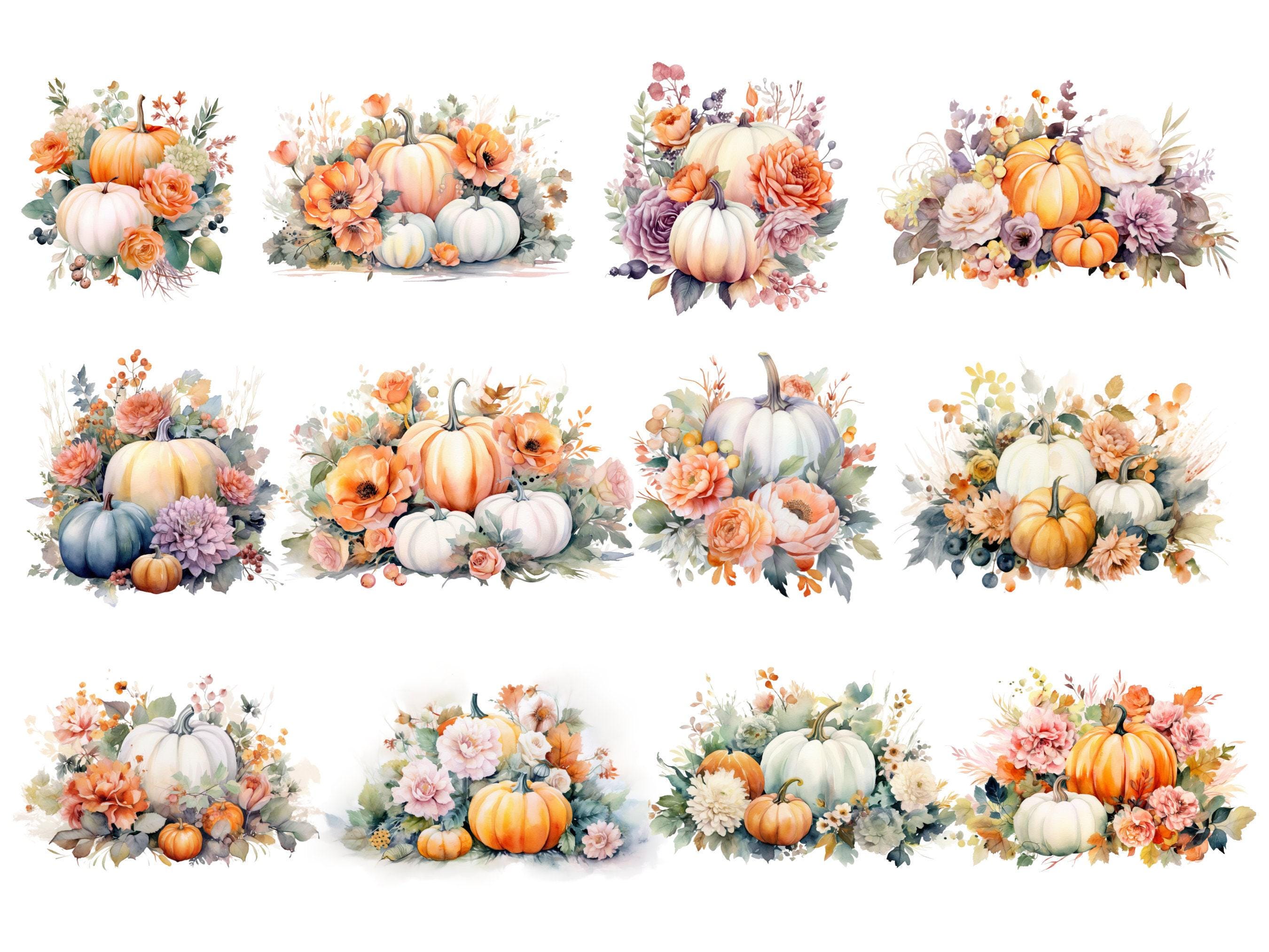 Floral Pumpkins Clipart Bundle, DIGITAL DOWNLOAD, Fall Autumn Orange ...