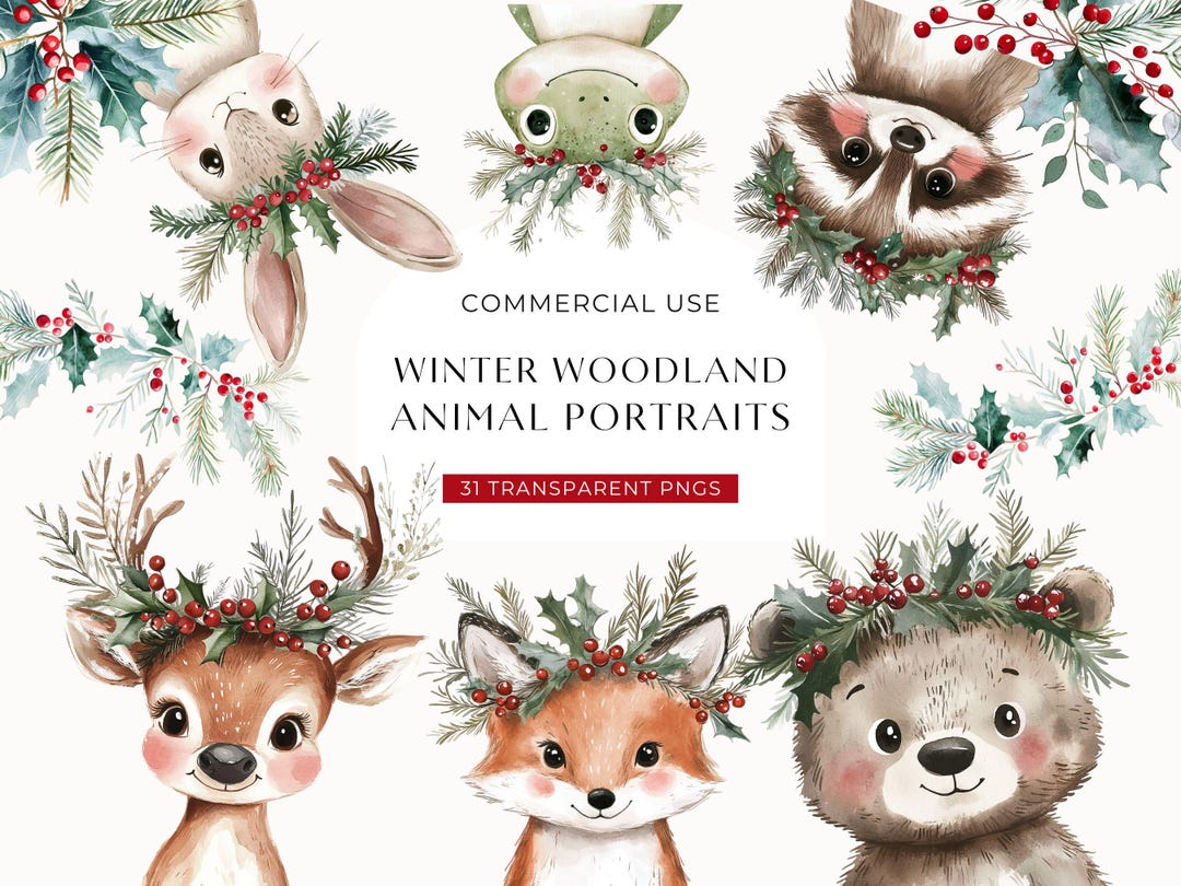 Winter Woodland Portrait Clipart, Cute Forest Animal Faces Clip Art ...