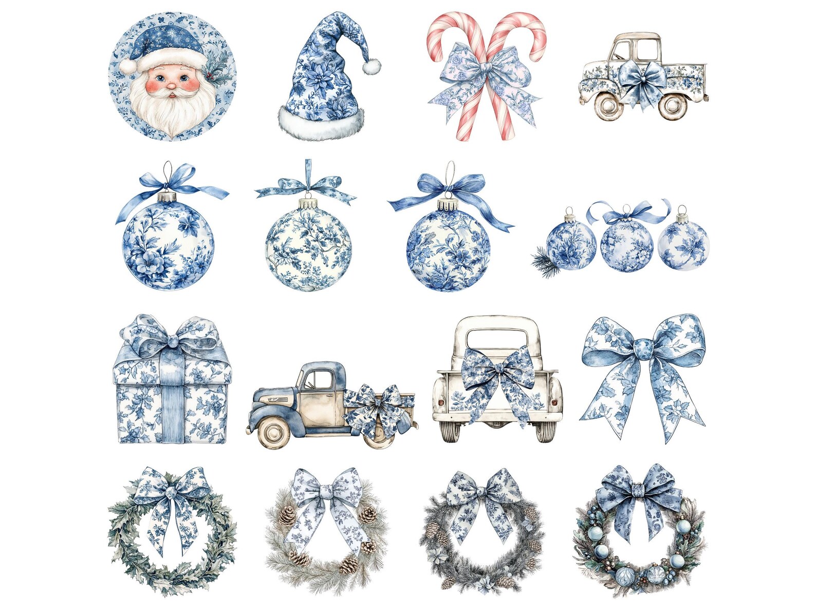 Grandmillennial Christmas Clipart Blue, DIGITAL DOWNLOAD, Watercolor ...