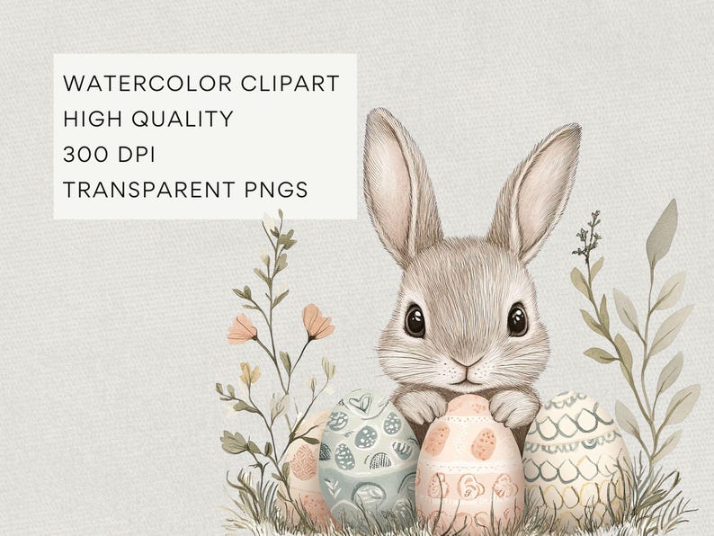 Boho Easter Clipart, Vintage Bunny Clip Art, Watercolor Spring Rabbits ...