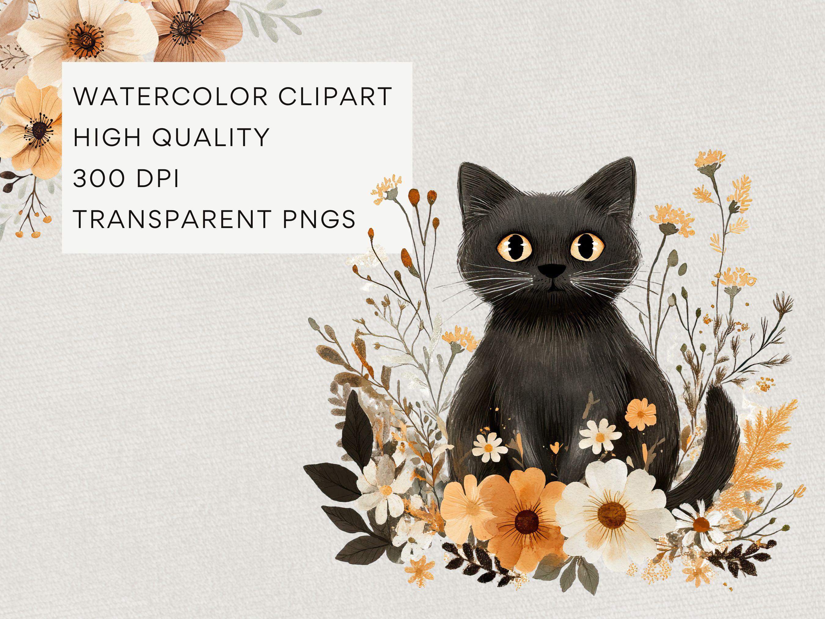 Fall Cat Clipart, Autumn Kitten Wildflower Clip Art, Boho Floral ...