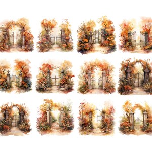 Autumn Gates Clipart, DIGITAL DOWNLOAD, Watercolor Fall Garden Graphics ...