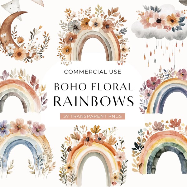 Boho Rainbow Flower Clipart - Etsy