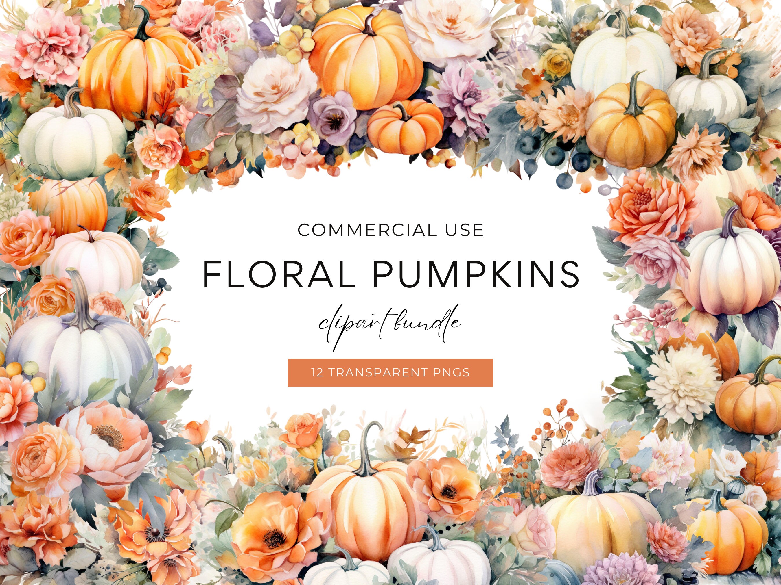 Floral Pumpkins Clipart Bundle, DIGITAL DOWNLOAD, Fall Autumn Orange ...