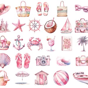 Pink Preppy Beach Clipart, DIGITAL DOWNLOAD, Watercolor Coastal ...