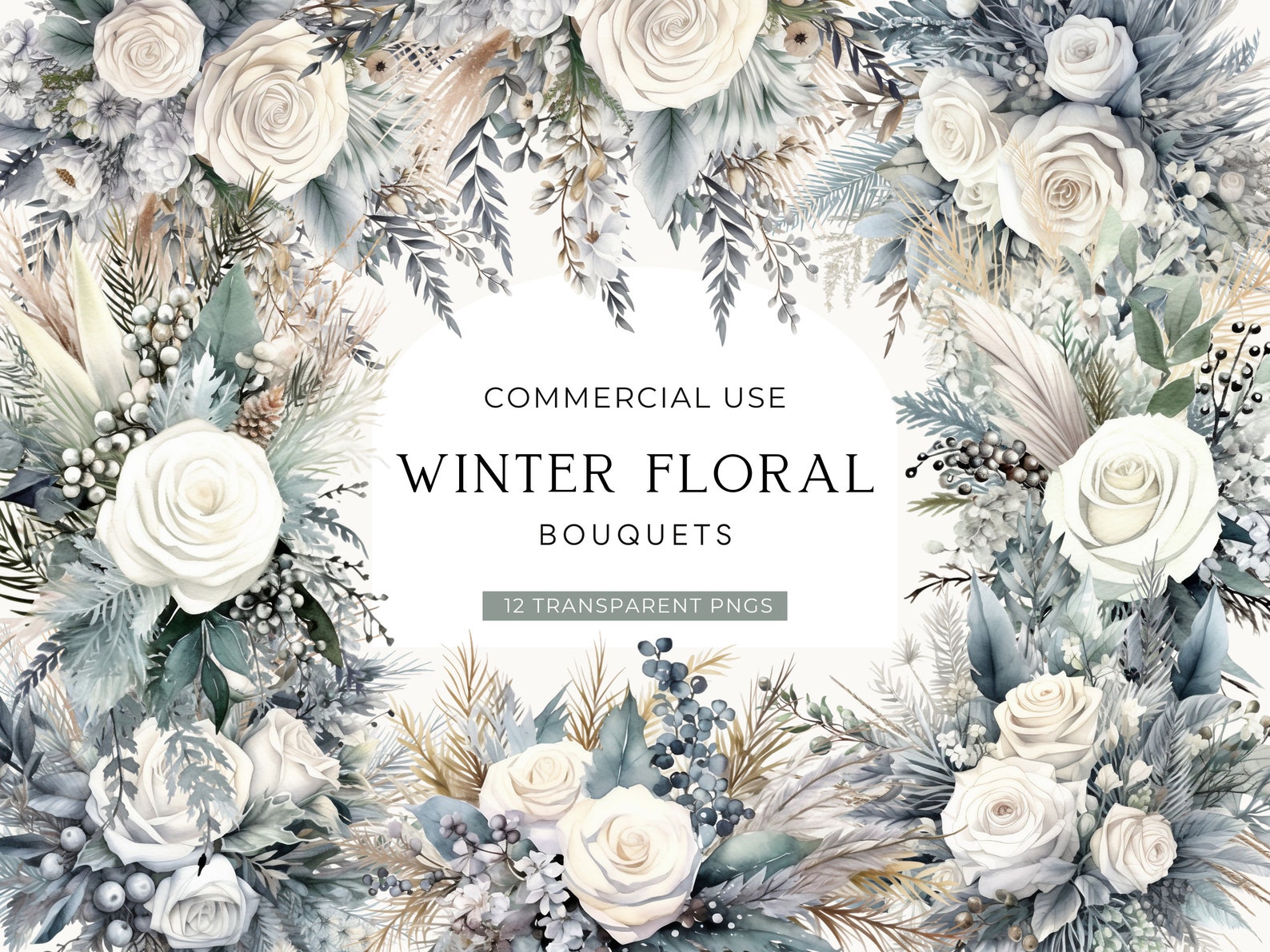 Winter Watercolor Floral Clipart, DIGITAL DOWNLOAD, White Rose ...