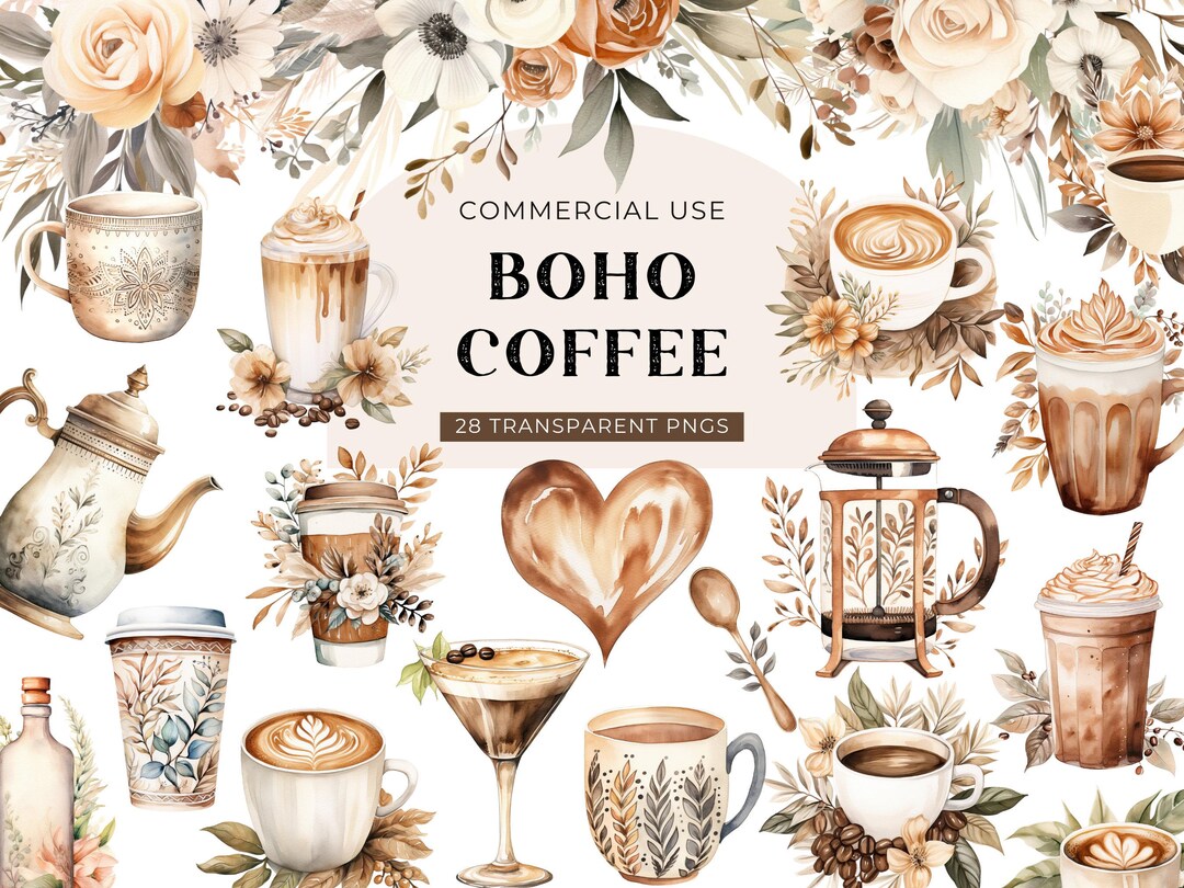Coffee Lover Clipart Boho, DIGITAL DOWNLOAD, Watercolor Cup of Coffee ...