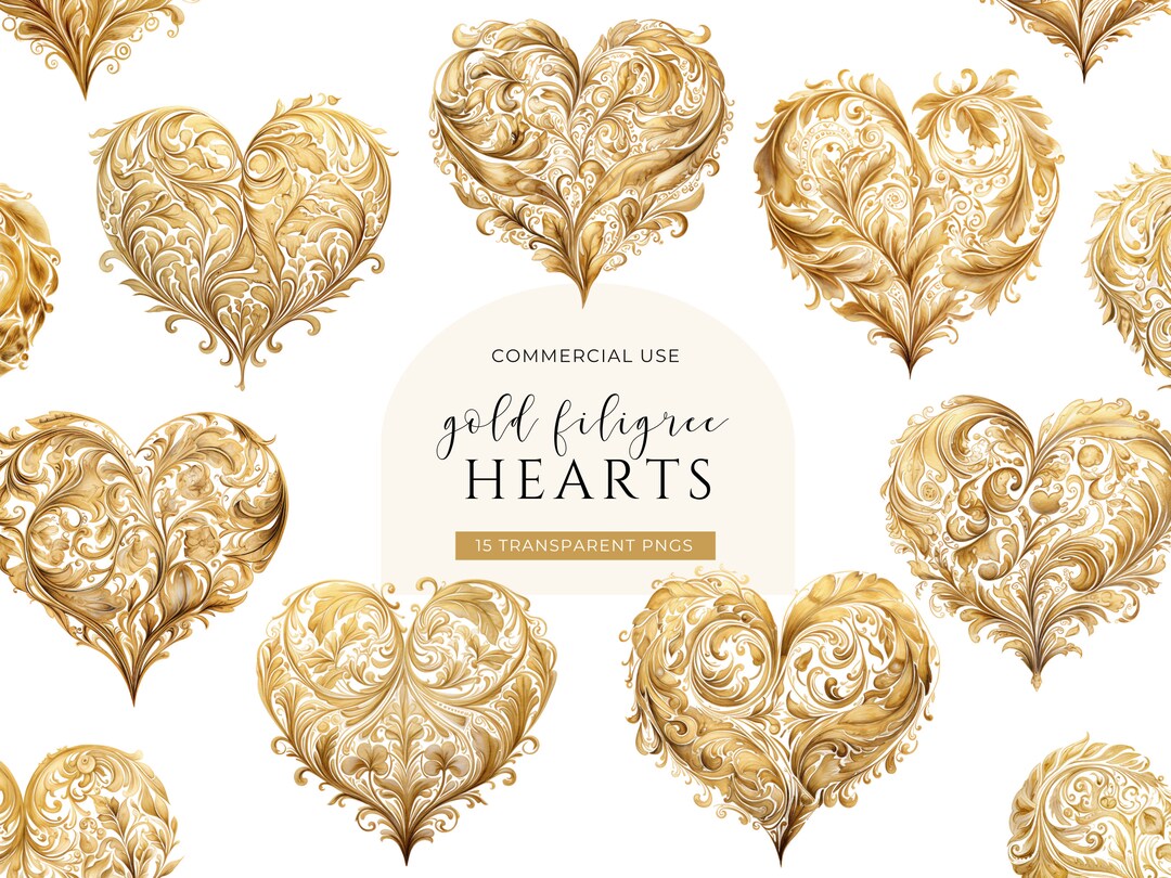 Gold Hearts Clipart, DIGITAL DOWNLOAD, Valentine Clipart, Filigree ...