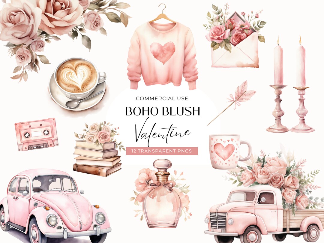 Boho Valentine Clipart, DIGITAL DOWNLOAD, Pink Watercolor Valentine ...