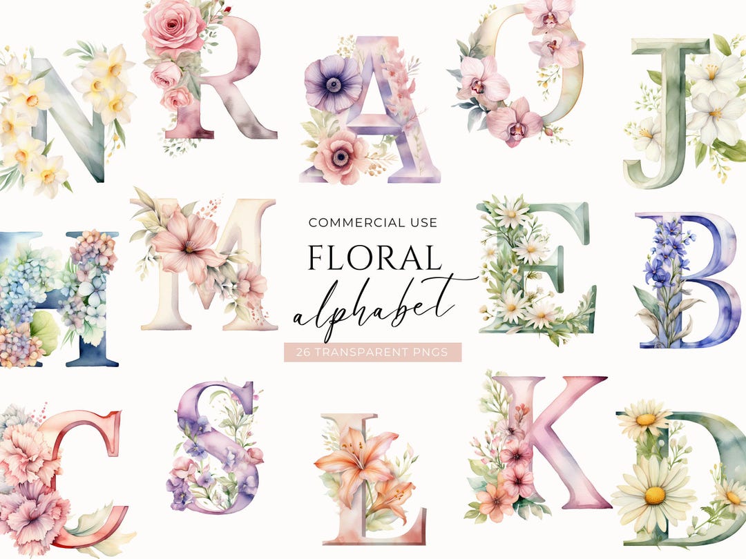 Clipart Floral Letters, DIGITAL DOWNLOAD, Flower Alphabet Clipart ...